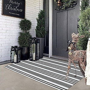 KaHouen Black and White Striped Outdoor Rug 27.5"x43", Front Porch Rug, Hand Woven Cotton Washable Striped Layered Doormats for Layered Door Mats Porch/Kitchen/Laundry Room/Farmhouse/Entryway