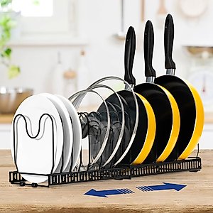 Damita Expandable Pot and Pan Organizer Rack for Cabinet, 2 Pack Pot Lid Holder with 10 Adjustable Compartments - Ideal Kitchen Cabinet Organizer for Cutting Board, Frying Pan, and More (Black)