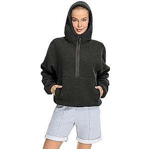 icyzone Women's Half Zip Hooded Sherpa Fleece Pullover Jacket, Oversized Warm Fuzzy Sweatshirt with Pockets (Black, L)