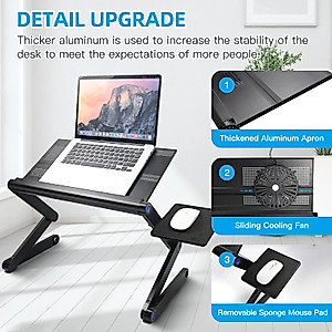 Upgraded Aluminum Laptop Stand Adjustable with Cooling Fan and Mouse Pad, Reinforced Ergonomic Lap Desk Foldable Portable Computer Table for Bed Sofa Couch Office (Extra Wide Tray: 19", Black)