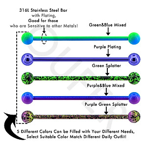 OUFER 14G 5 PCS Surgical Steel Industrial Barbell Green Purple Blue Splatter Industrial Piercing for Women Men Cartilage Earrings 38mm Body Jewelry Piercing