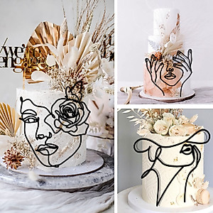 12 Pcs Acrylic Lady Face Cake Topper Minimalist Art Happy Birthday Cake Toppers Women Wedding Cake Decoration for Wedding Birthday Party (Black)