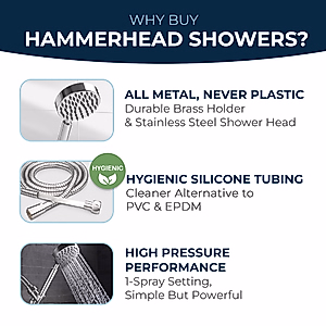 HammerHead Showers® ALL METAL LOW FLOW Handheld Shower Head with Hose and Brass Holder - CHROME – Water Saving 1.75 GPM Detachable Shower Head - Adjustable Shower Wand Bracket & 6ft Hose