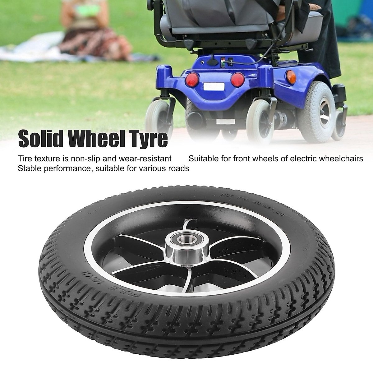 10in Wheelchair Wheel Replacement Tires Wheels Solid Wheel Tyre Rubber Inflatable Caster Anti‑skid for Electric Front Wheelchair 6001 Bearing with 12mm Hole