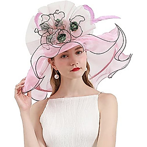 TLMNU Women Derby Church Hat Organza Flower Wedding Tea Party Fascinator Hat Wide Brim Sun Hat A2-Pink with Flower