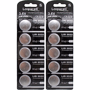 My Battery Supplier 10 Loopacell LIR2032 Lithium Rechargeable 3.6V Coin Cell Batteries