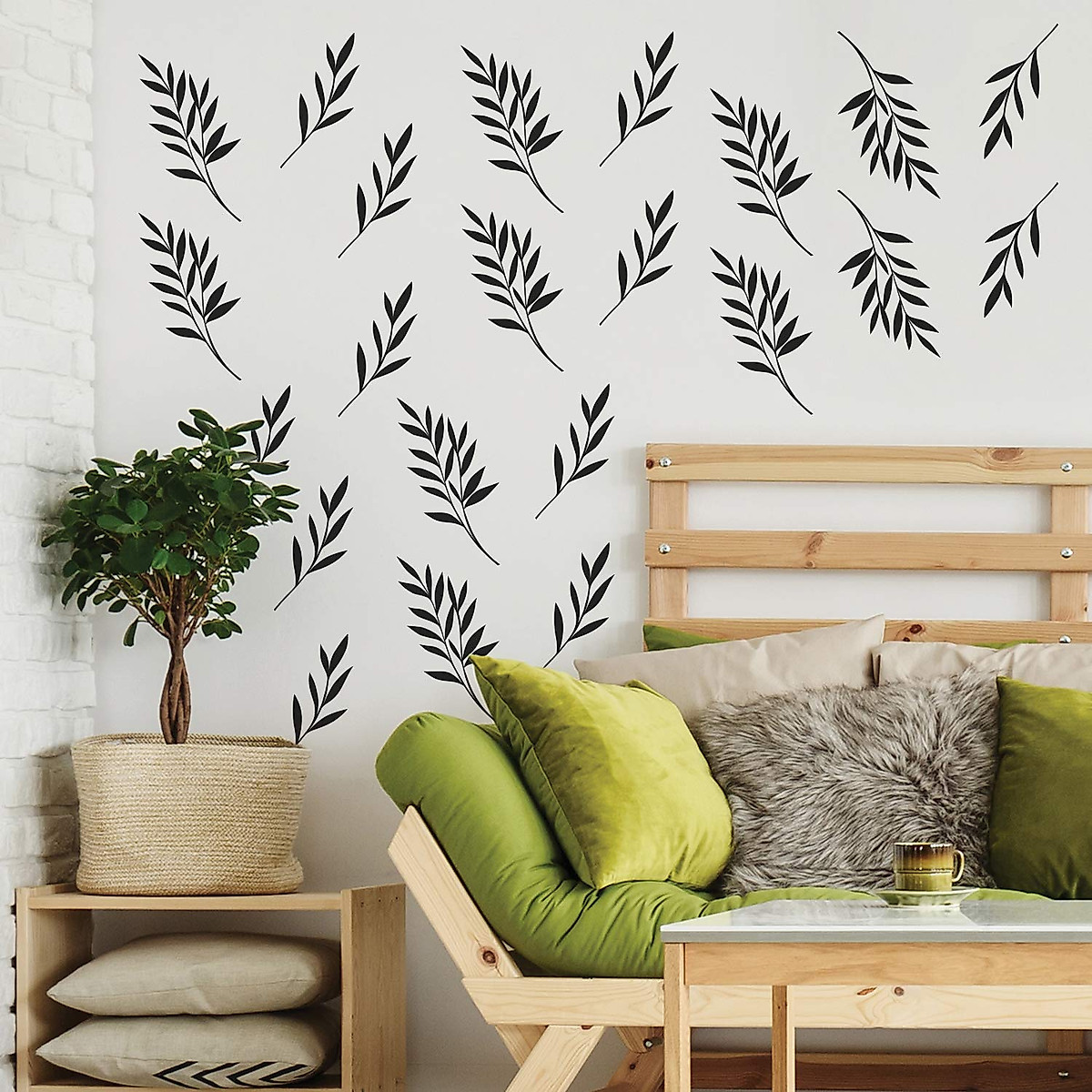 Set of 24 Vinyl Wall Art Decal - Palm Leaves Pattern - from 9" x 4" Each - Minimal Adhesive Sticker Nature Green Design for Home Bedroom Living Room Classroom Office Coffee Shop Store Decor (Black)