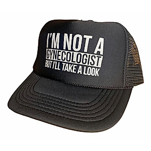 I'm Not A Gynecologist But I'll Take A Look Snapback Trucker Hat for Men or Women, Vintage Fit with Funny Novelty Graphic, Custom Mesh Cap Black