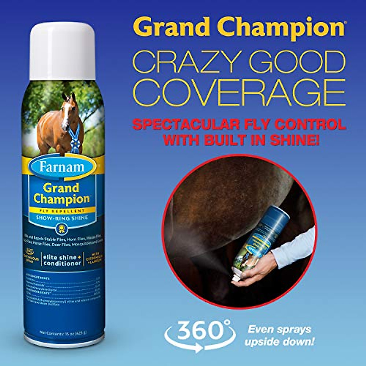 Farnam Grand Champion Fly Repellent for Horses, Plus Coat Conditioner for Show Ring Shine, 15-Ounce Non-Aerosol Spray Bottle (100528258)