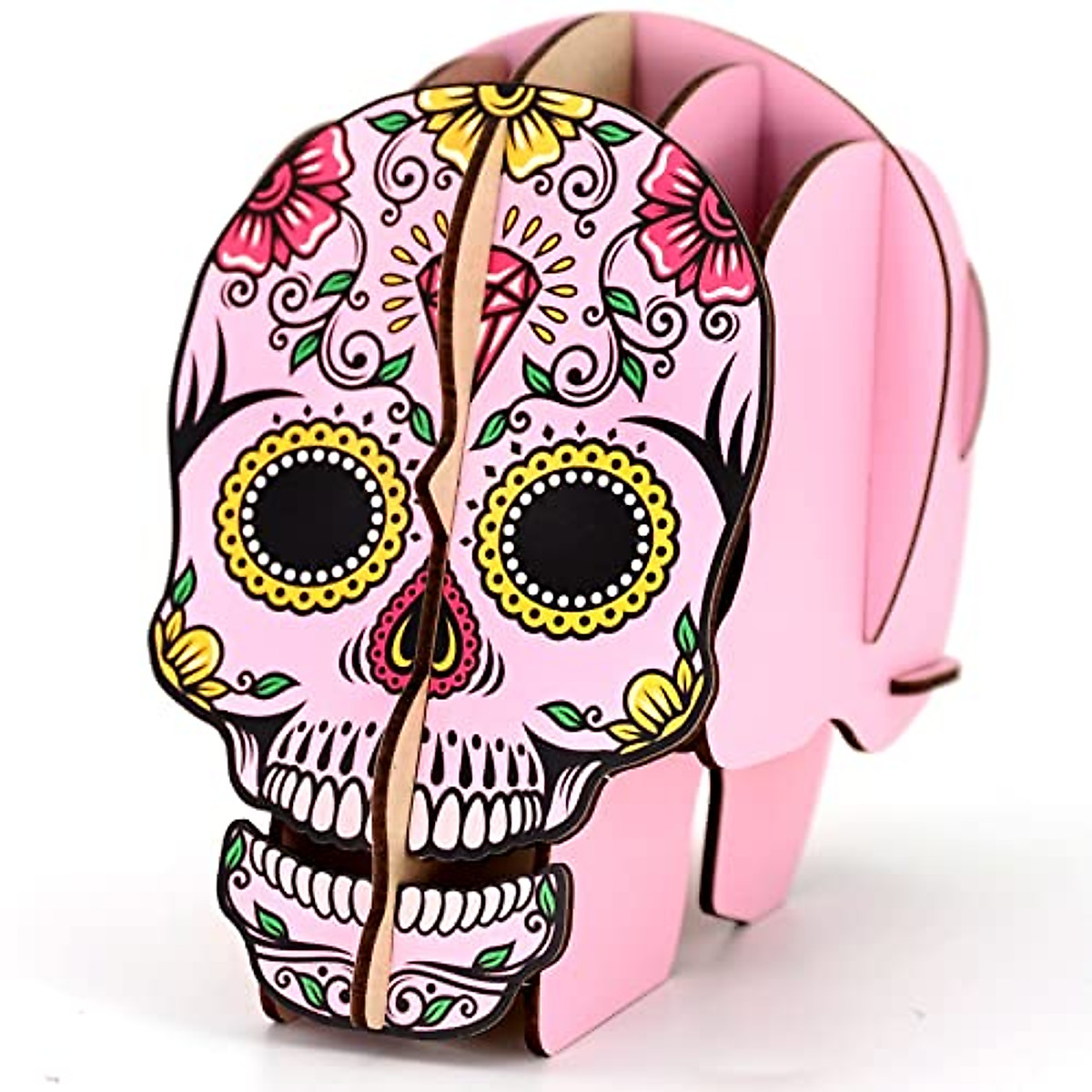 Sugar Skull Pen Pencil Holder, Large Wooden Pen Organizer for Desk with 8 Compartments, Unique Desk Organizer for Office Supplies Makeup Brush Skull Gifts for Women, Skull Desk Accessories (Pink)