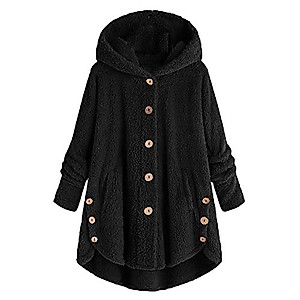 Andongnywell Womens Fuzzy Fleece Jacket Solid Open Front Hooded Cardigan Coats Fleece Outwear with Pockets (Black,Medium)
