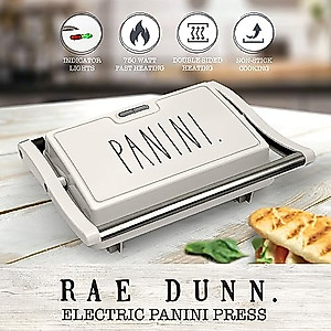 Rae Dunn Panini Maker - 750 Watt 2-Slice Press Grill with Indicator Lights | Opens 180 Degrees | Double Sided Heating | Non-stick Cooking | Cool Touch Handle | Easy to Clean, Cream