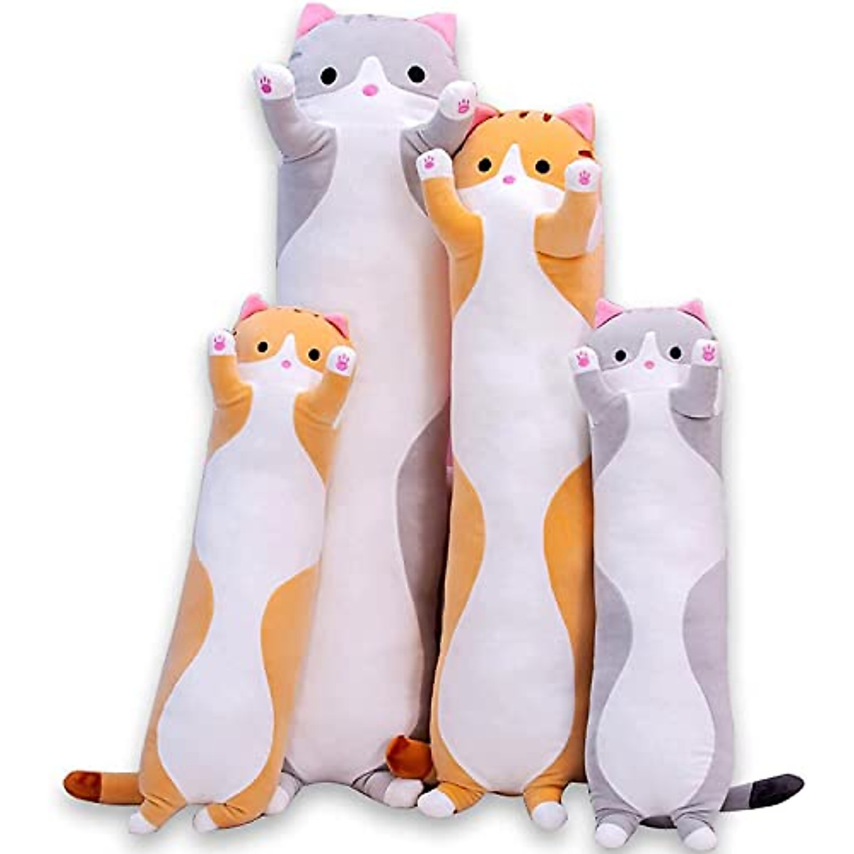 Cute Cat Plush Long Body Pillow Cuddle Cartoon Stuffed Animals Cat Plushie Soft Doll Pillows Gifts for Kids Girls (Orange, 19")