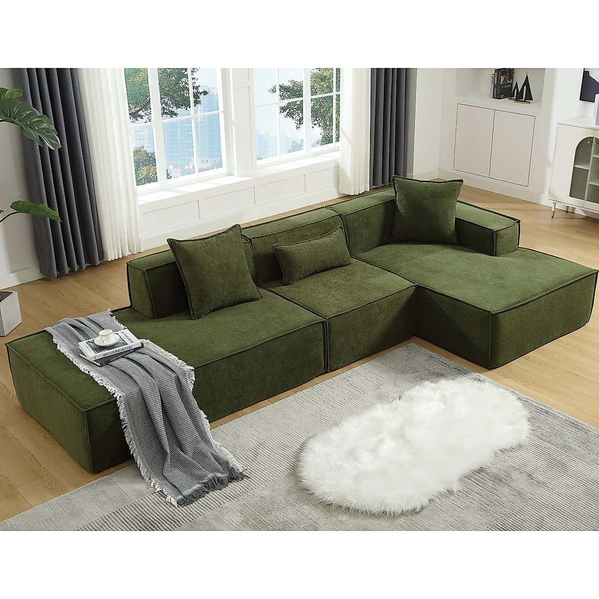 WILLIAMSPACE 129.5" Sectional Sofa Couch for Living Room with Chaise Lounge, Modular Free Combination Upholstered Floor Sofa L-Shaped 5 Seat Couch Foam Sofa for Home Office,Right-Facing (Green)