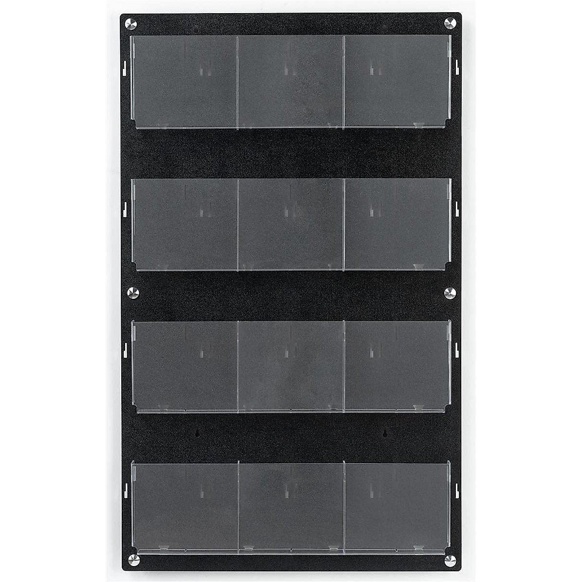 Displays2go Wall Pamphlet Display, Acrylic, 12/24 Adjustable Slots, Aluminum Standoffs - Black (2RP12BLK)
