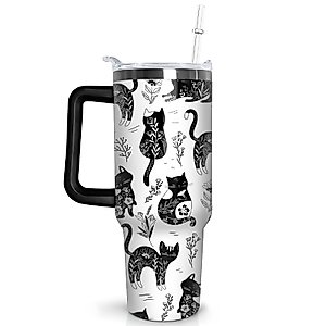 30 oz Cat Tumbler with Handle and Straw, Boho Kitty Stainless Steel Vacuum Insulated Travel Coffee Mug Cup Water Bottle, Cats Stuff Accessories Decor Gifts for Women Girls