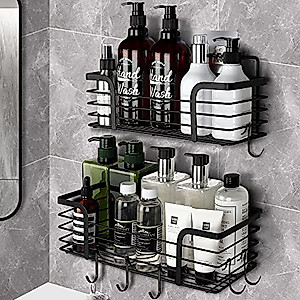 Gulex 2 Pack Adhesive Shower Caddy Shower Shelves with Hooks, No Drilling Stainless Steel Shower Shelf Bathroom Organizer