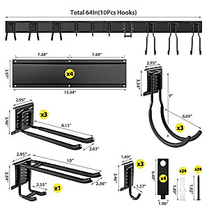 Tool Storage Rack Wall Mount, 64 Inch Adjustable Garden Tool Organizer, Heavy Duty Garage Wall Organizer Rack, Yard Tool Organizer System for Rake Shovel Broom Mop Wall Holder
