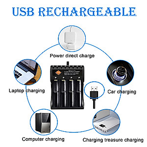 18650 Battery Charger 4 Bay Smart Universal USB Charger for 3.7V Rechargeable Lithium Li ion Batteries Compatible 18650 26650 21700 10400 14500 16340 16650 18500 Battery Charger（No Battery
