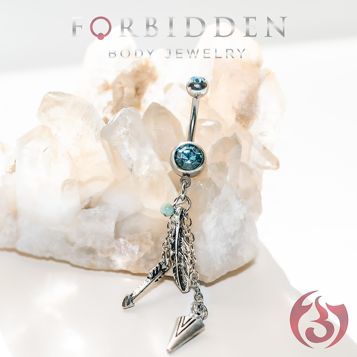 Forbidden Body Jewelry Surgical Steel Clear Crystal Tribal Feather and Arrow Charms Synthetic Turquoise Dangle Belly Ring