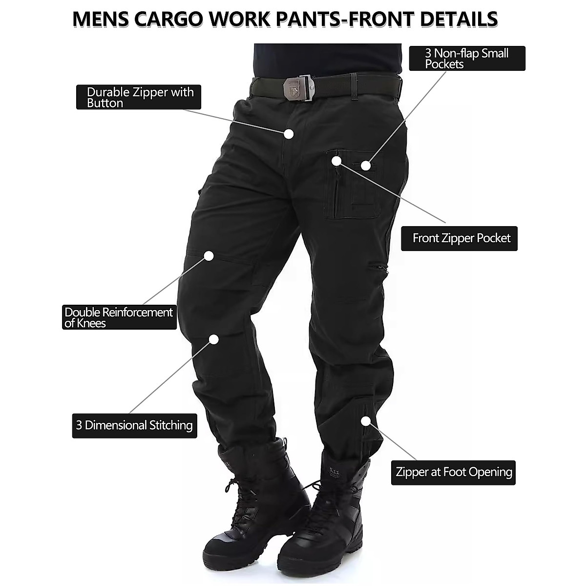 GSGGIG Men's Work Pants Outdoor Tactical Cargo Pants for Men, Cotton Casual Combat Pants with Zipper Pockets No Belt 9920-Black-32