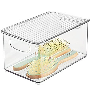 mDesign Deep Plastic Bathroom Storage Bin Box, Lid/Built-in Handles, Organization for Makeup, Hair Styling Tools, Toiletry Accessories in Cabinet, Shelves, Ligne Collection, 8 Pack, Clear