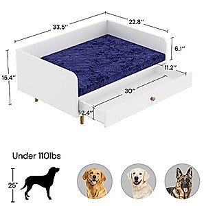 SunsGrove Wooden Elevated Dog Beds Frame with Storage for Large Dogs Cats Modern Style Raised Dog Beds with Drawer Wood Furniture Style Pet Beds with Cushion Heavy Duty Easy to Clean Pet Sofa Couch