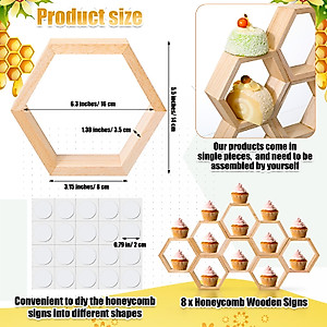 Kigley 8 Pcs Mini Honeycomb Cupcake Stand Wooden Hexagon Cake Display Holder Farmhouse Hexagonal Floating Table Sign for Baby Shower Birthday Party(Burly Wood)