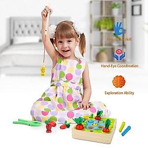 Celarlo Wooden Magnetic Fishing Game, Carrot Harvest Catching Worm Toy, Toddler Fine Motor Skills Toys, Montessori Preschool Learning 3 in 1 Fishing Sorting Toys Gift for Children Kids (Fishing Game)