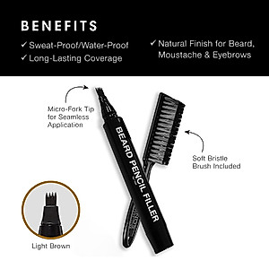 Pacinos Beard Pencil Filler - Water Proof, Long Lasting Coverage & Natural Finish - Beard, Moustache & Eyebrows - Micro-Fork Tip for Seamless Application - Bristle Brush Included(Light Brown)