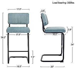 ONEVOG Chairs Modern Velvet Barstools, Set of 2 Upholstered Counter Chair with Black Metal Legs and Backrest for Kitchen, Dining, Party (24Inch, Blue)