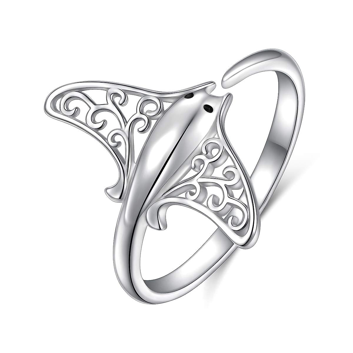 Ladytree S925 Sterling Silver Stingray Sea Animal Open Ring Manta Ray Tree of Life Adjustable Bypass Nature Ocean Ring,Size 7