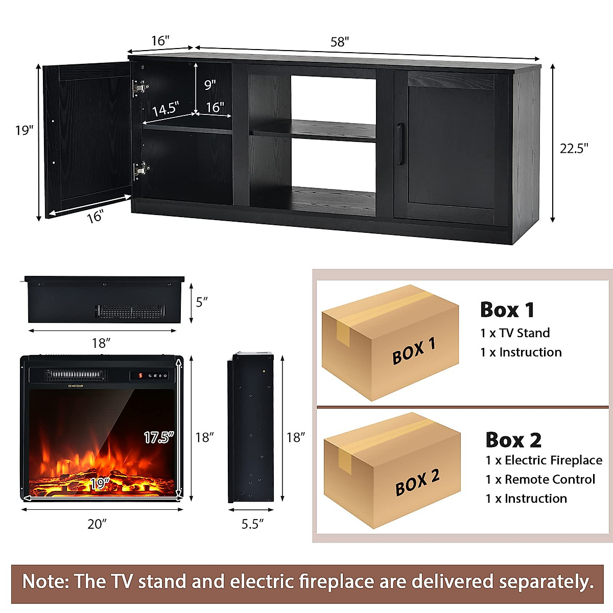 Tangkula Electric Fireplace TV Stand for TVs up to 65 Inch,with 18 Inch 1500W Faux Fireplace,Built-in Thermostat, 5 Level Brightness, Remote Control and Timer,Fireplace Stand for Living Room (Black)