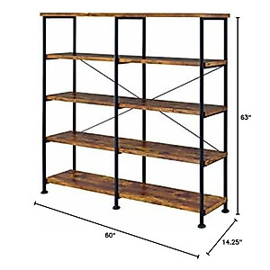 Coaster Analiese Rustic Industrial 60" 4-Shelf Wood Double Bookcase With Black Metal Frame, Brown Nutmeg