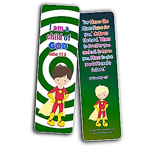 Religious Bookmarks for Kids - Super Hero (12 Pack) - Collection of Bible Verses for Kids - Stocking Stuffers Devotional Bible Study - Church Ministry Supplies Teacher Classroom Incentive Gifts