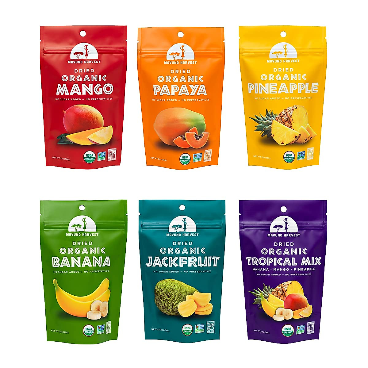 Mavuno Harvest Organic Dried Fruit Variety Pack | Dried Mango, Papaya, Pineapple, Banana, Jackfruit, & Tropical Mix | Healthy, Vegan, No Sugar Added, Non GMO Snacks for Kids & Adults | 2 Ounce, 6 Pack
