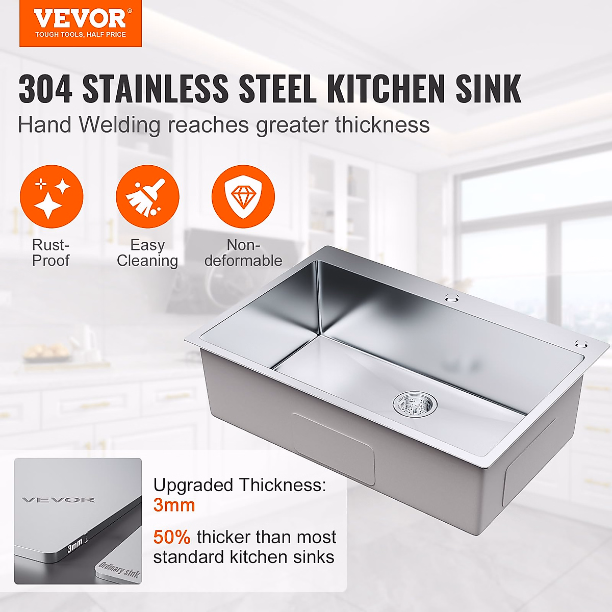 VEVOR Kitchen Sink, 304 Stainless Steel Drop-In Sinks, Top Mount Single Bowl Basin with Accessories, Household Dishwasher Sinks for Workstation, RV, Prep Kitchen, and Bar Sink, 33 inch