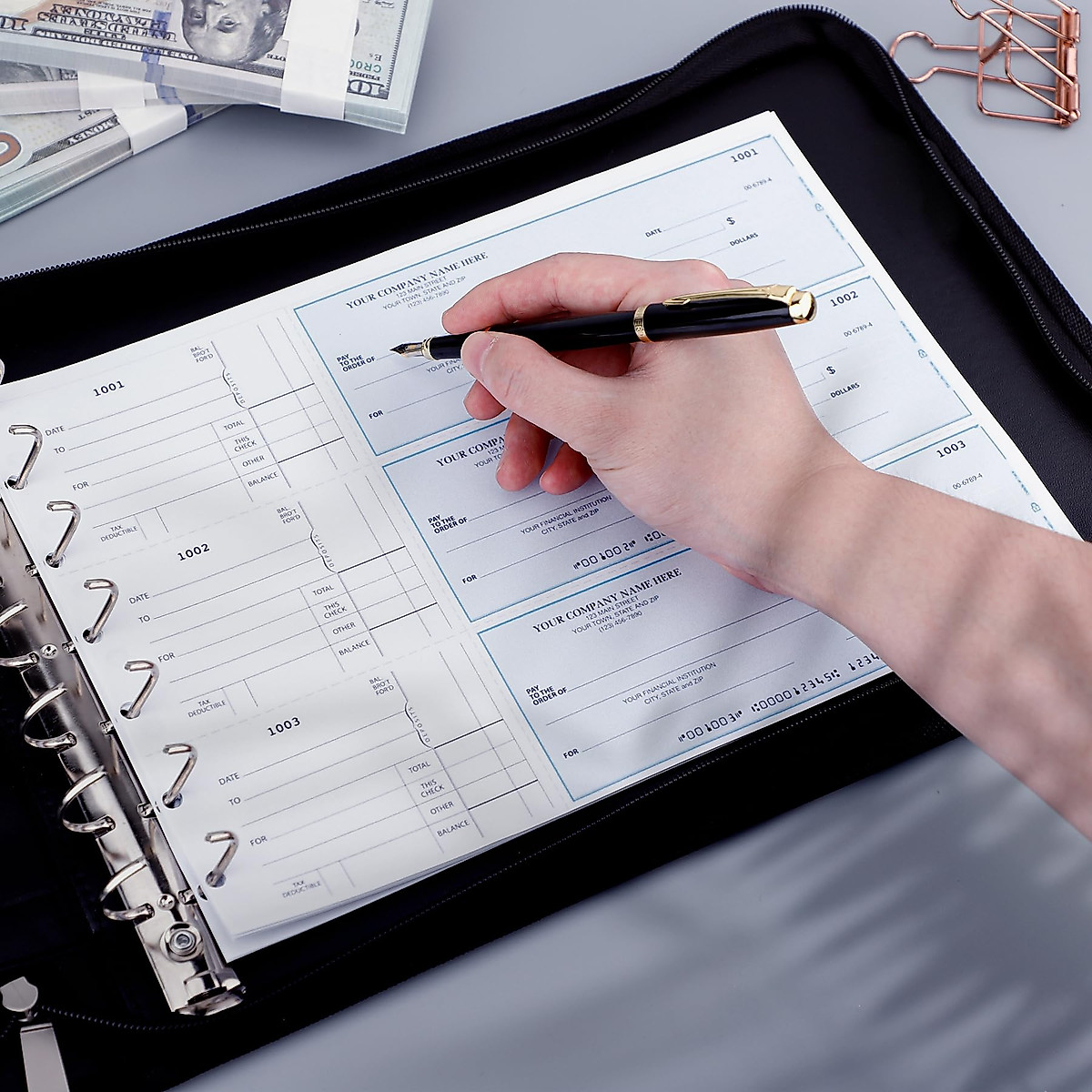 Antner Zippered 7 Ring Business Check Binder Portfolio for 3-Up Business Size Checks, PU Leather 7 Ring Checkbook Binder 600 Checks Capacity for 9 × 13 Inch Sheets, Built-in Storage Organizer, Black