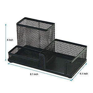 Comix Mesh Pen Pencil Holder with Post It Note Holders Desk Organizer, 3 Compartment Wire Desktop Pen Pencil Cup Caddy Office Supplies Accessories for Home Office School, Black