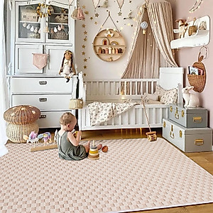 Aimuan Checkered Print Area Rug Cute Checkerboard Rugs Soft Shaggy Carpets Back Non-Slip Mat for Kids Bedroom Living Room Nursery Home Decor (Beige,3x5 Feet)