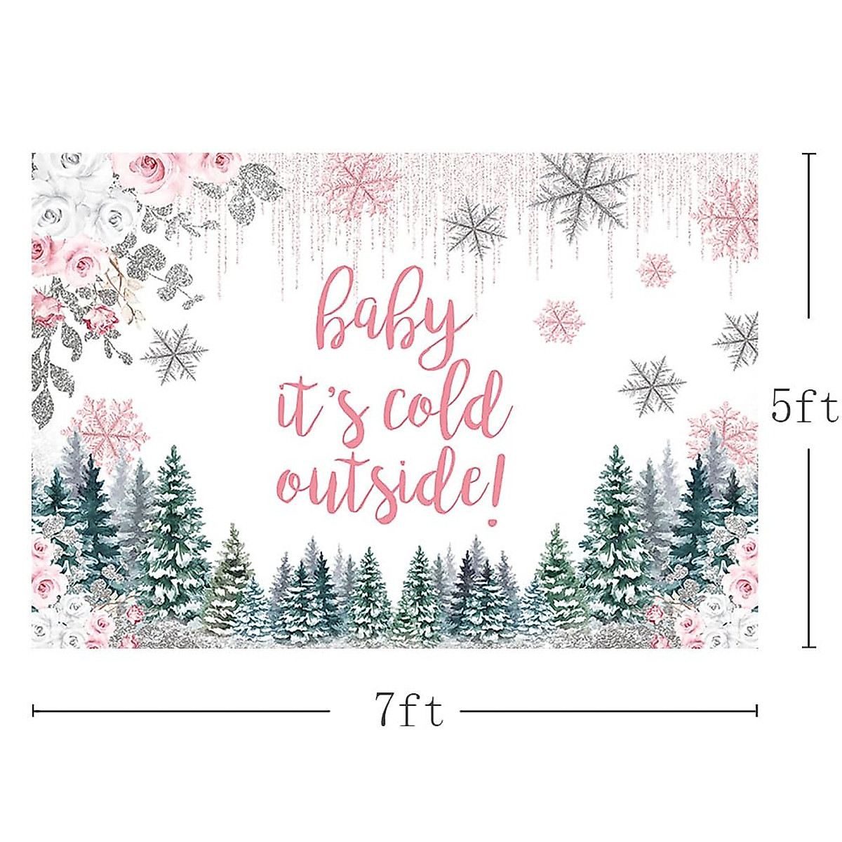 MEHOFOND 7x5ft Winter Baby Shower Backdrop for Girls Baby It's Cold Outside Pink Floral Photography Background Little Snowflake Pine Tree Oh Baby Party Banner Decorations Photo Booth Props