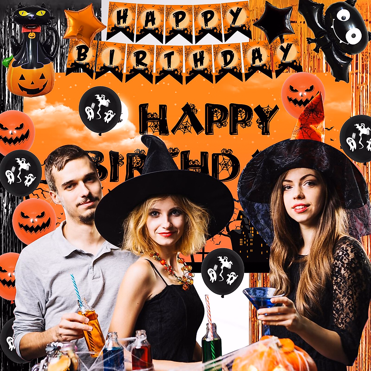 Halloween Birthday Party Decorations for Kids Adults, Halloween Themed Birthday Decorations Scary Happy Birthday Banner Balloons Tablecloth Foil Fringe Curtain, Halloween Party Supplies Indoor Outdoor