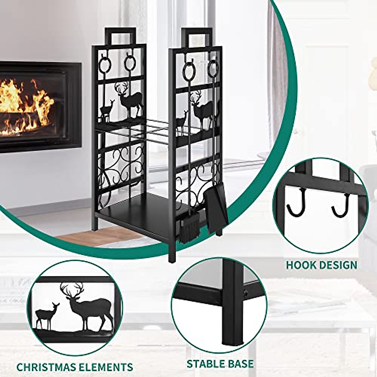 YITAHOME 2.6x1.3ft Firewood Rack Tools Set Wood Log Holder for Fire Place Outdoor Indoor Accessories - 2 Layer Iron with Brush, Shovel, Tong, Hook, Lumber Kit Storage Stacking, Black