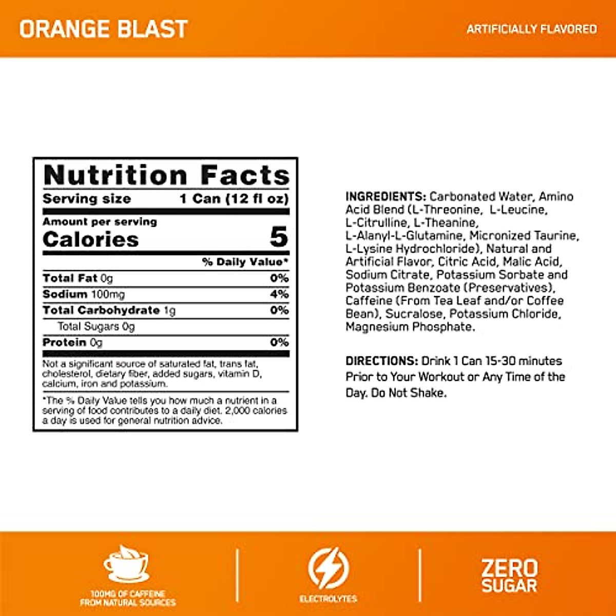 Optimum Nutrition Amino Energy Drink Plus Electrolytes for Hydration, Sugar Free, Caffeine for Pre-Workout Energy and Amino Acids / BCAAs for Post-Workout Recovery - Orange Blast, 12 Count (Pack of 1)