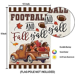 Welcome Fall Garden Flags for Outside Decorations, FOOTBALL and Fall Y'all Truck with Maple Leaves Small Yard Flag, Harvest Autumn Thanksgiving Seasonal Farmhouse Holiday Outdoor Decor 12x18 Inch Vertical Double Sided