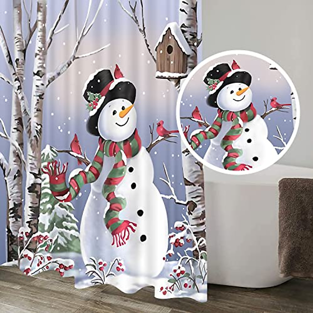 HEWEGO Snowman with Scarf Shower Curtain Sets with Rugs for Bathroom,Christmas Bathroom Sets with Durable Shower Curtain Toilet Lid Cover and 12 Hooks, Snowman Bathroom Curtain(Large Size)