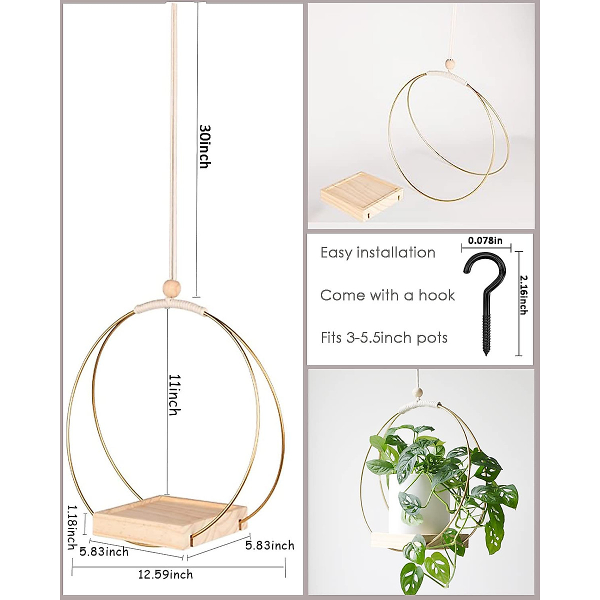 Dravmola Boho Macrame Plant Hanger - Gold, Indoor Use, Hanging Pot Not Included