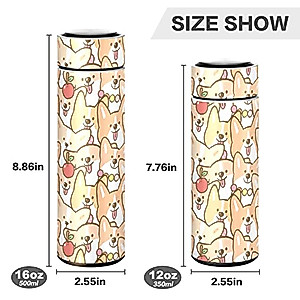 CaTaKu Cute Dog Corgi Water Bottle Insulated 16 oz Stainless Steel Flask Thermos Bottle for Coffee Water Drink Reusable Wide Mouth Vacuum Travel Mug Cup