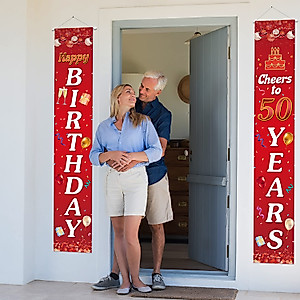 Happy 50th Birthday Porch Sign Door Banner Decor Red – Cheers to 50 Years Old Party Theme Decorations for Men Women Supplies