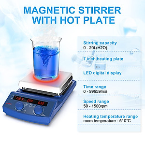 Magnetic Stirrer with Hotplate, 7 Inch Ceramic Hotplate, Speed and Temperature Adjusting, with Timer and Display, max 20L Stirring Capacity, 50 to 1500rpm, up to 510°C(950°F)